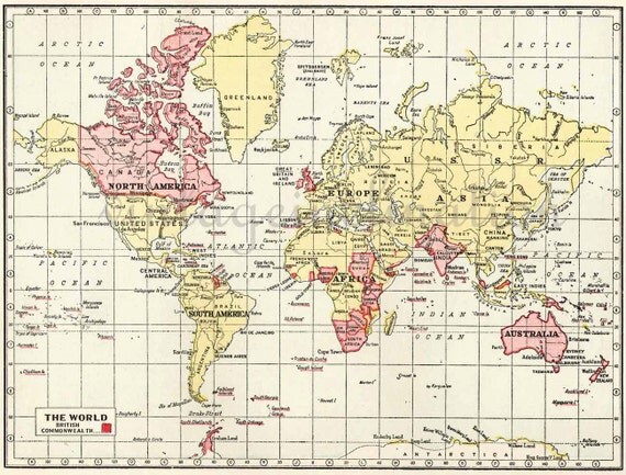 1950 Vintage Wall Map of the World geographical World Atlas