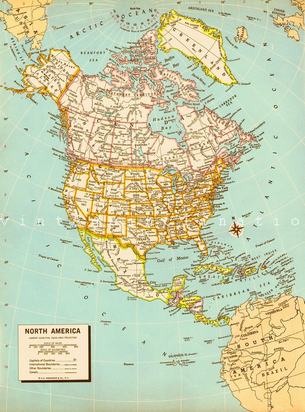 Vintage Map North America United States ORIGINAL mid century