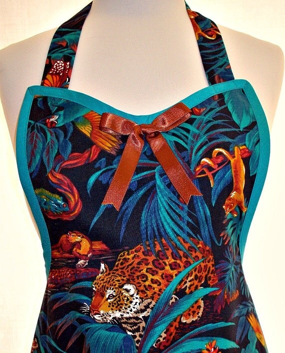 Apron JAGUAR Jungle CAT in Teal & Brown EXOTIC Hostess