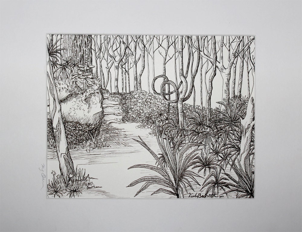 ORIGINAL Drawing FOREST PATH Ink on Paper 9x12 by LongRoadArt