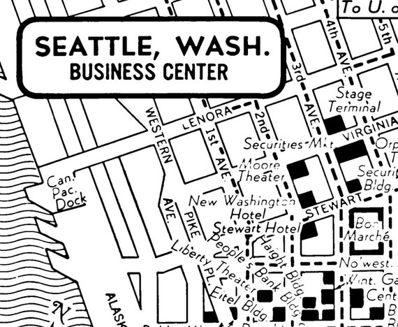 1949 Vintage Map of Downtown Seattle Blueprint Map Print