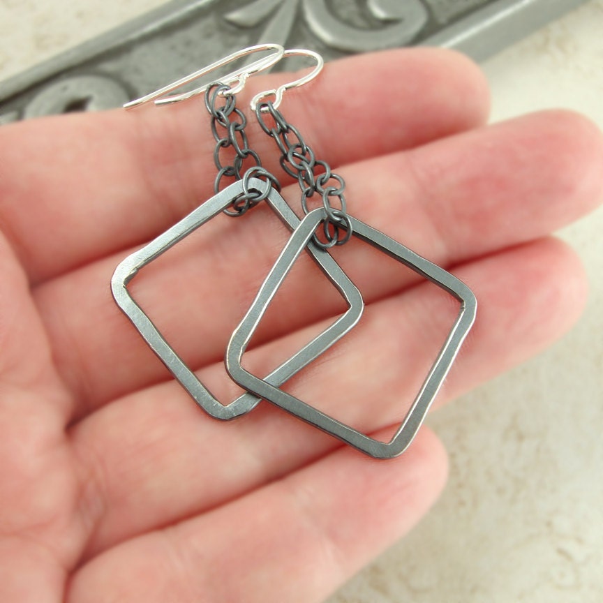 Silver Square Hoop Earrings Square Dangle Earrings