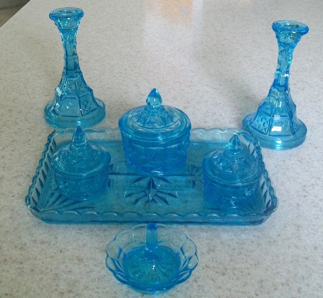 Vintage / Antique Blue Glass Vanity Set With Registration