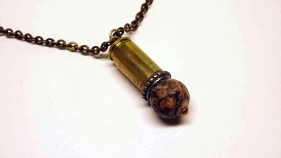 Items similar to Bullet Necklace Pendant - Shell Casing and Jasper Bead ...