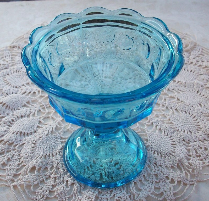 Vintage Blue Glass Pedestal Style Candy Dish with Strawberry Design and ...