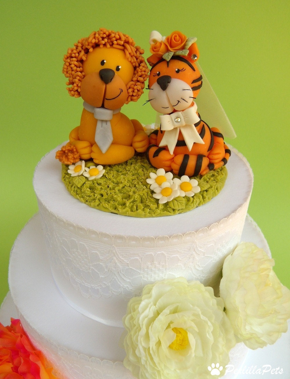 Lion and tiger cake topper with grass base and by PerlillaPets
