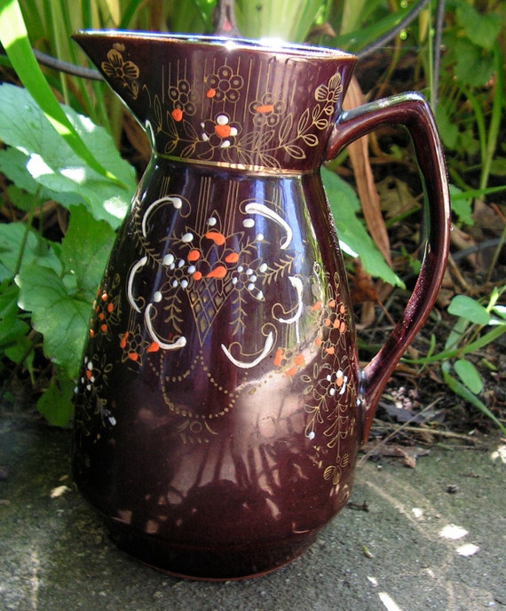40s Red Clay Pottery Syrup Pitcher Brown Glaze Hand Painted