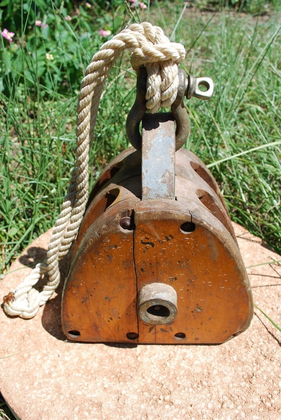RARE 1800s antique nautical pulley block and tackle