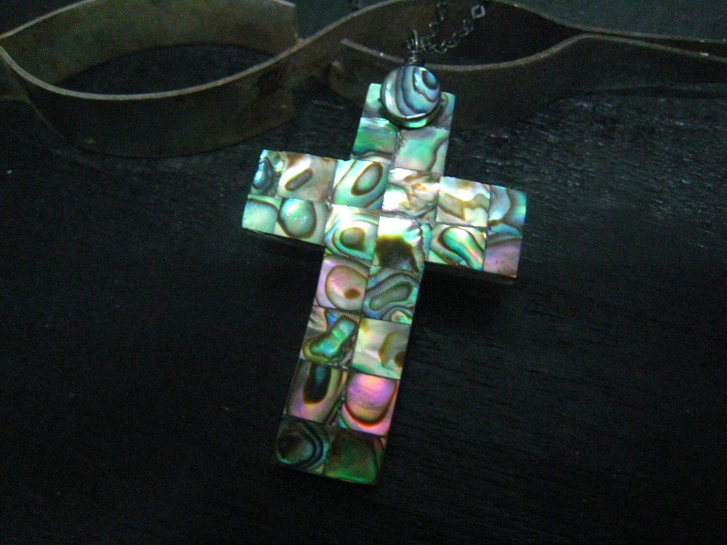 Abalone Cross,Oxidized Sterling Silver Pendant | easasa