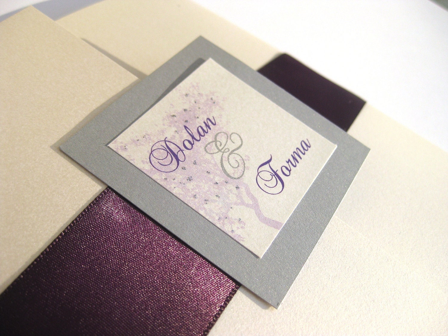 Color Customizable Pocket Fold Invitations with Satin Ribbon and Tree ...