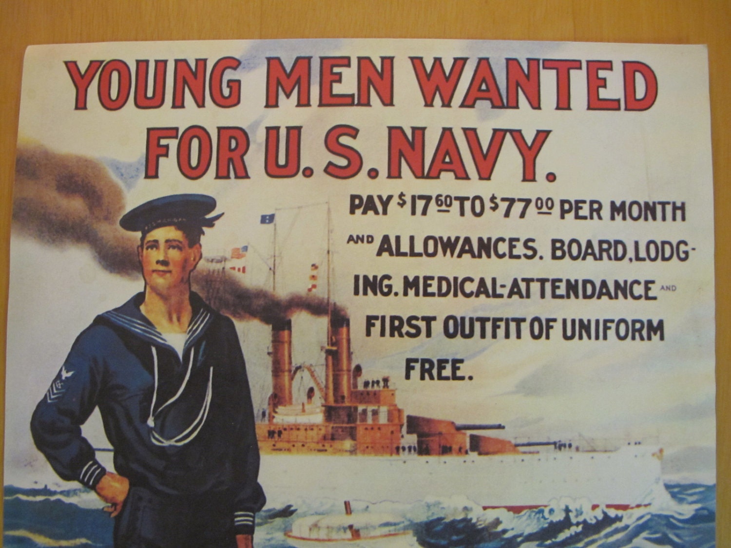 1909 US Navy Recruitment Poster. Young Men Wanted.