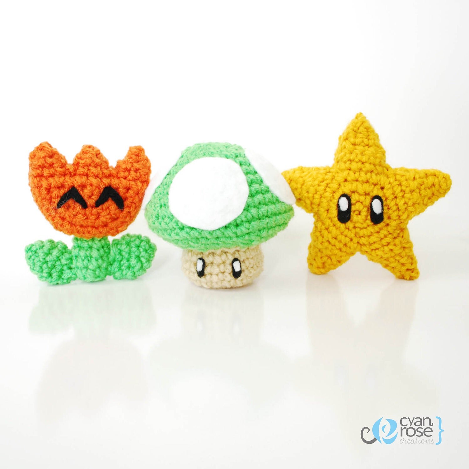 Fire Flower Green Mushroom and Star set from Mario. Cute