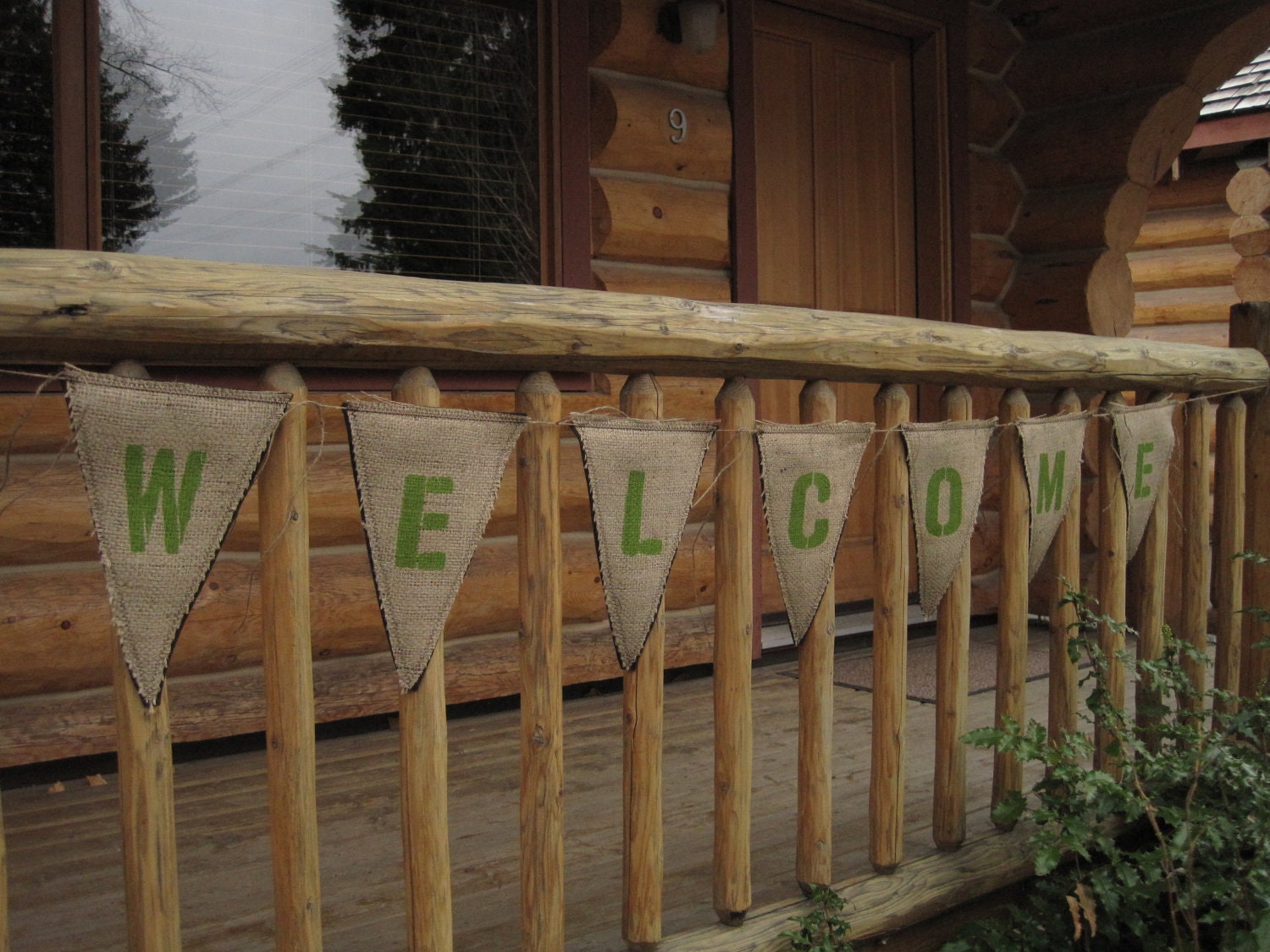 Upcycled WELCOME Burlap Banner with green letters by enduredesigns