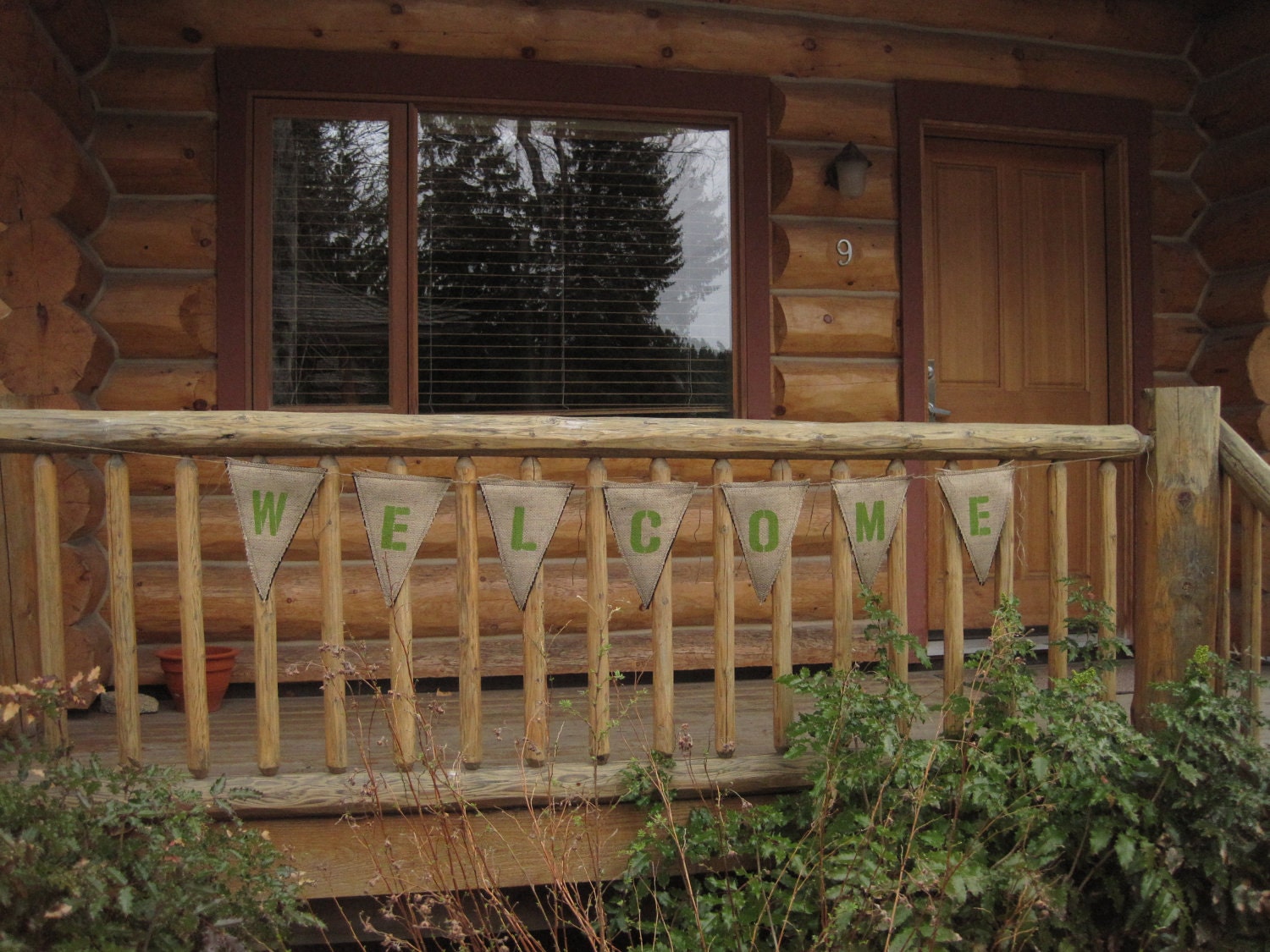 Upcycled WELCOME Burlap Banner with green letters by enduredesigns