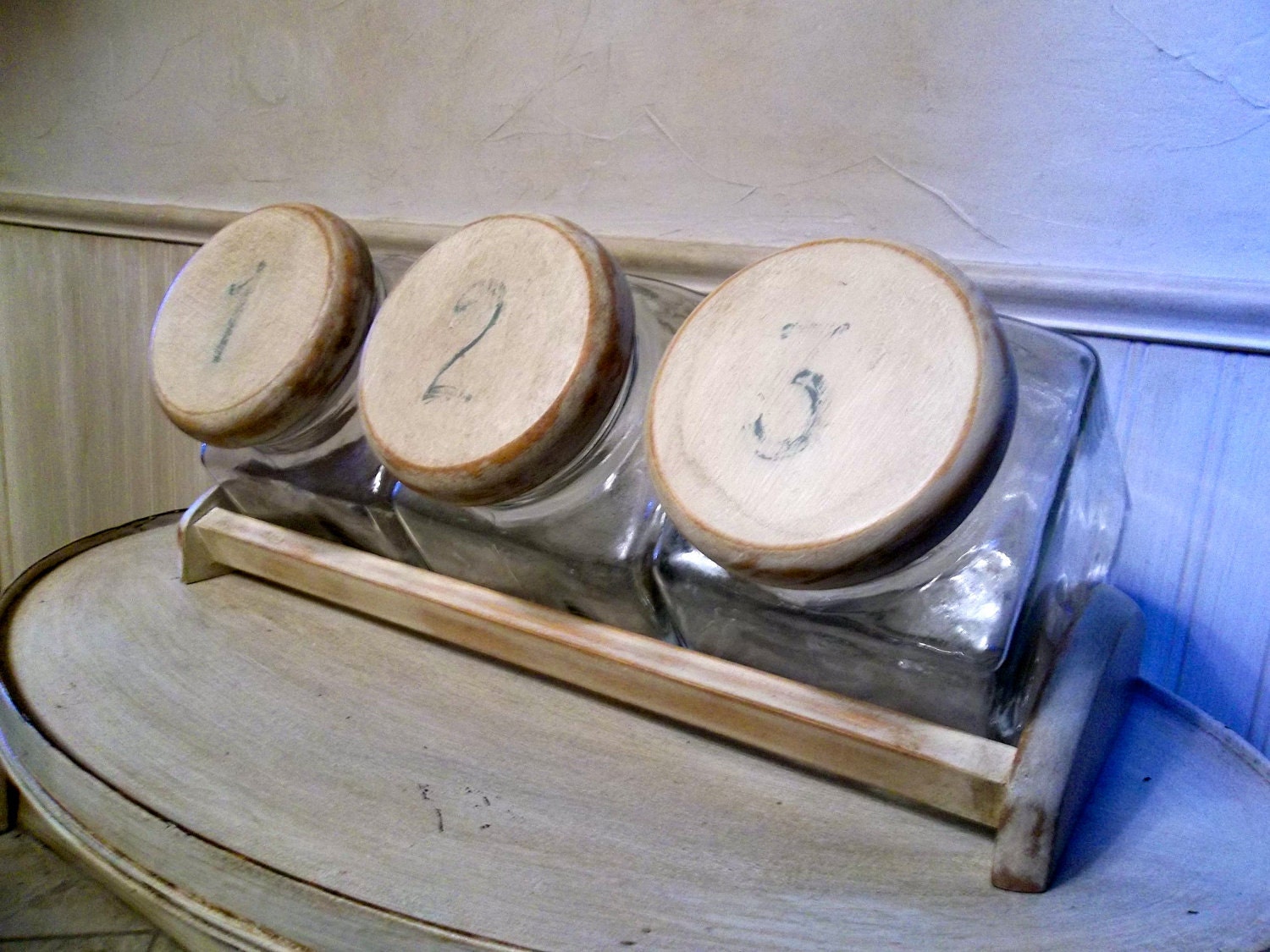 Vintage Glass Canister Set in Rack / Canister Set in Rack