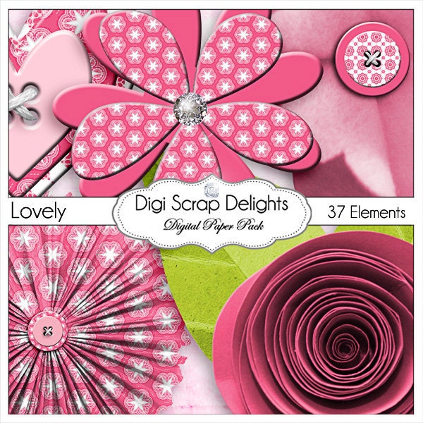 Digital Scrapbooking: Lovely Pink Scrapbook Kit in Shades of