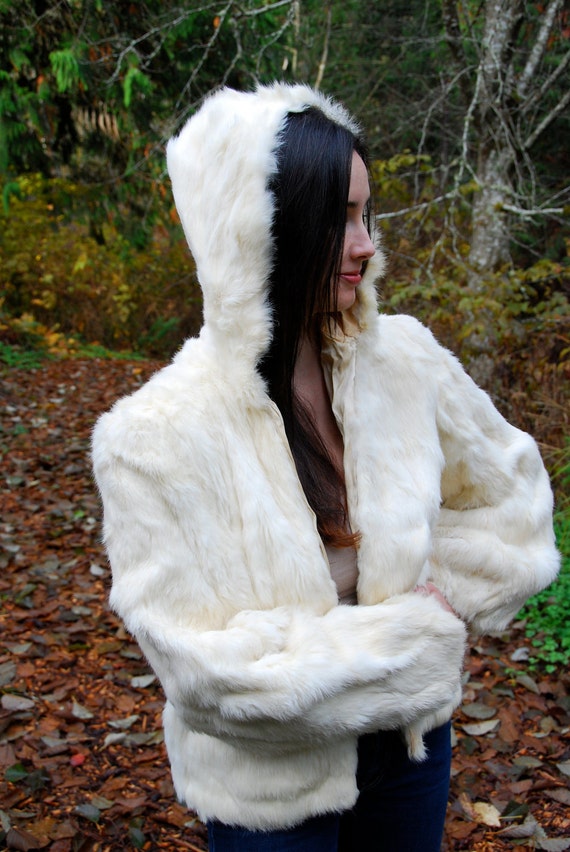 Stunning Vintage Hooded White Rabbit Fur Jacket by HalcyoneVintage
