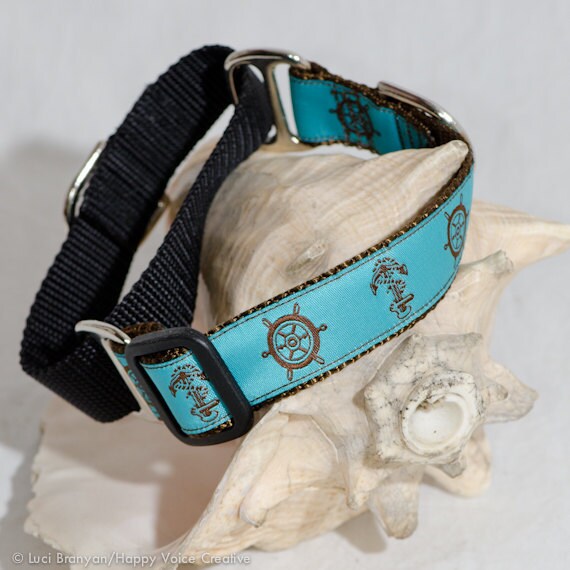 Items similar to Nautical turquoise and brown on 1 inch dog collar. on Etsy