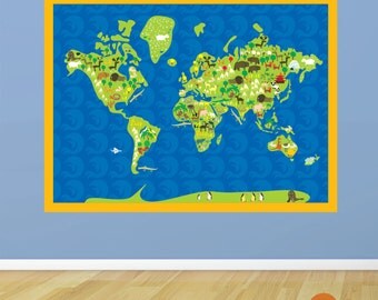 Kids Animals of the World Map Fabric Wall Decal