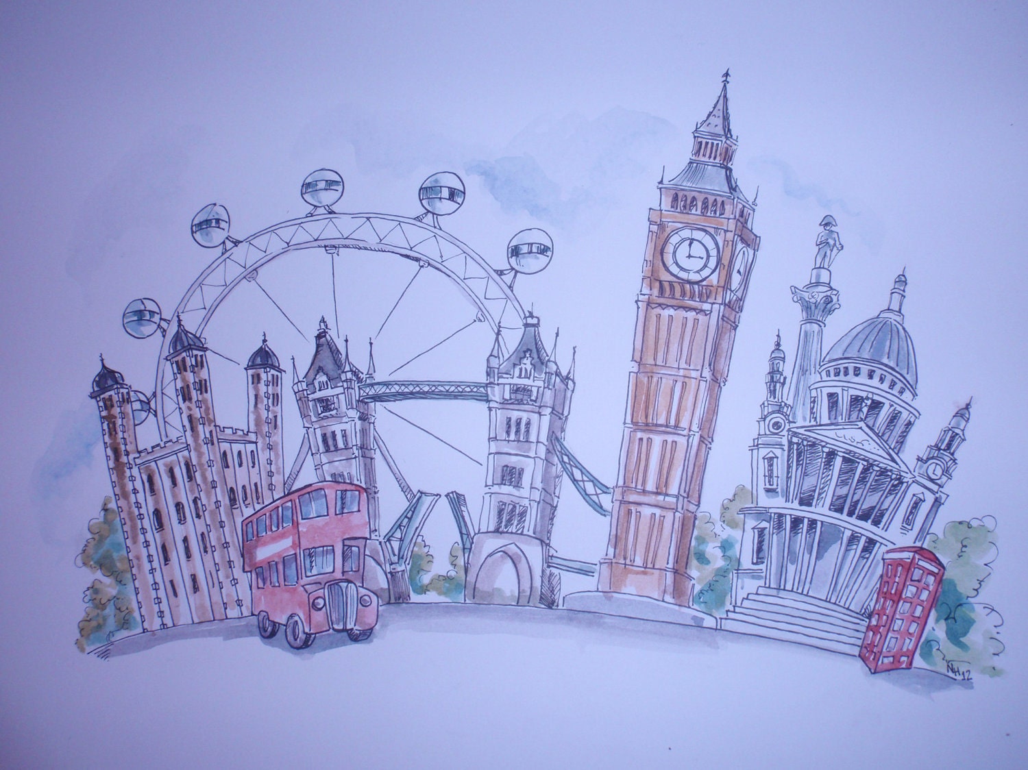 A hand painted montage of London landmarks.