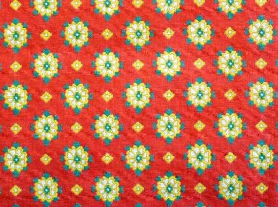 Vintage FRENCH PROVENCAL FABRIC Red with Yellow and Green