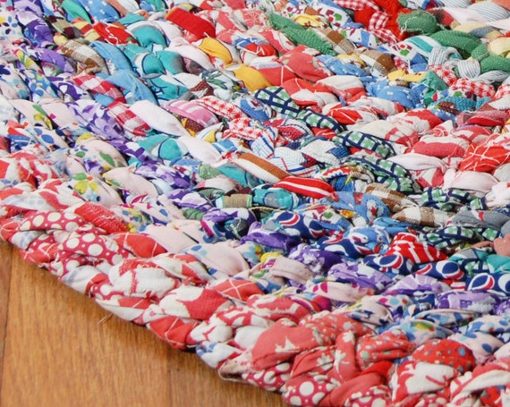 Red Cotton Hand-Braided Rag Rug of Vintage Fabrics 25