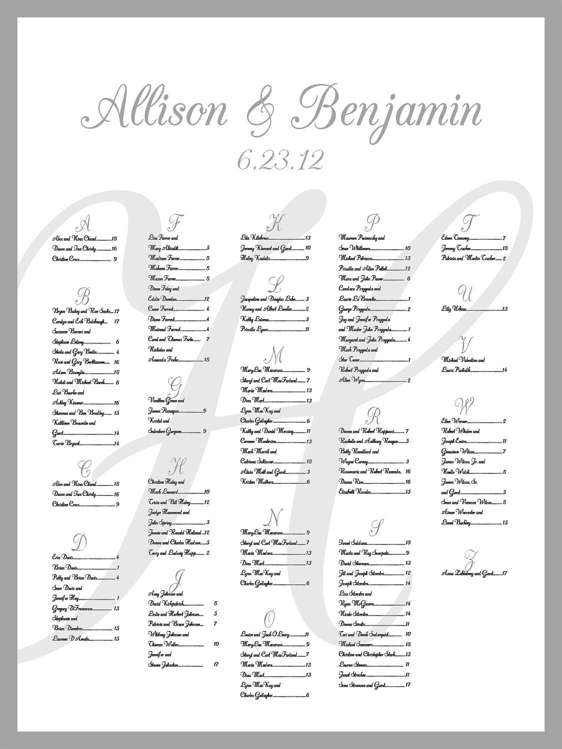 Wedding Seating Chart Fancy Letter Monogram printable any