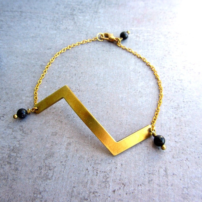 Geometric zig zag brass chain bracelet with black by arrowsrain