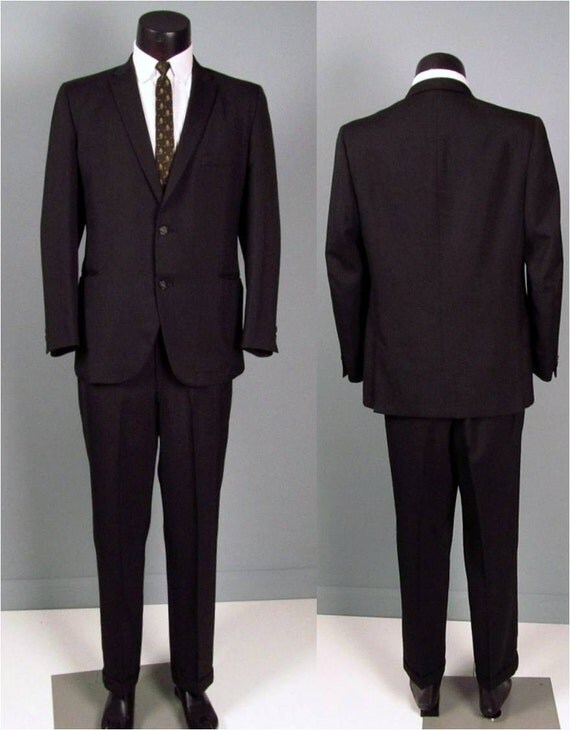 Vintage Mens Suit 1960s ROCKABILLY Black Worsted Wool and