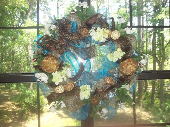 Items similar to Beautiful Turquoise and Brown Mesh Wreath on Etsy