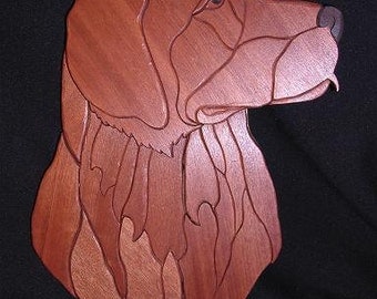 Retriever dog portrait, wood intarsia, mahogany