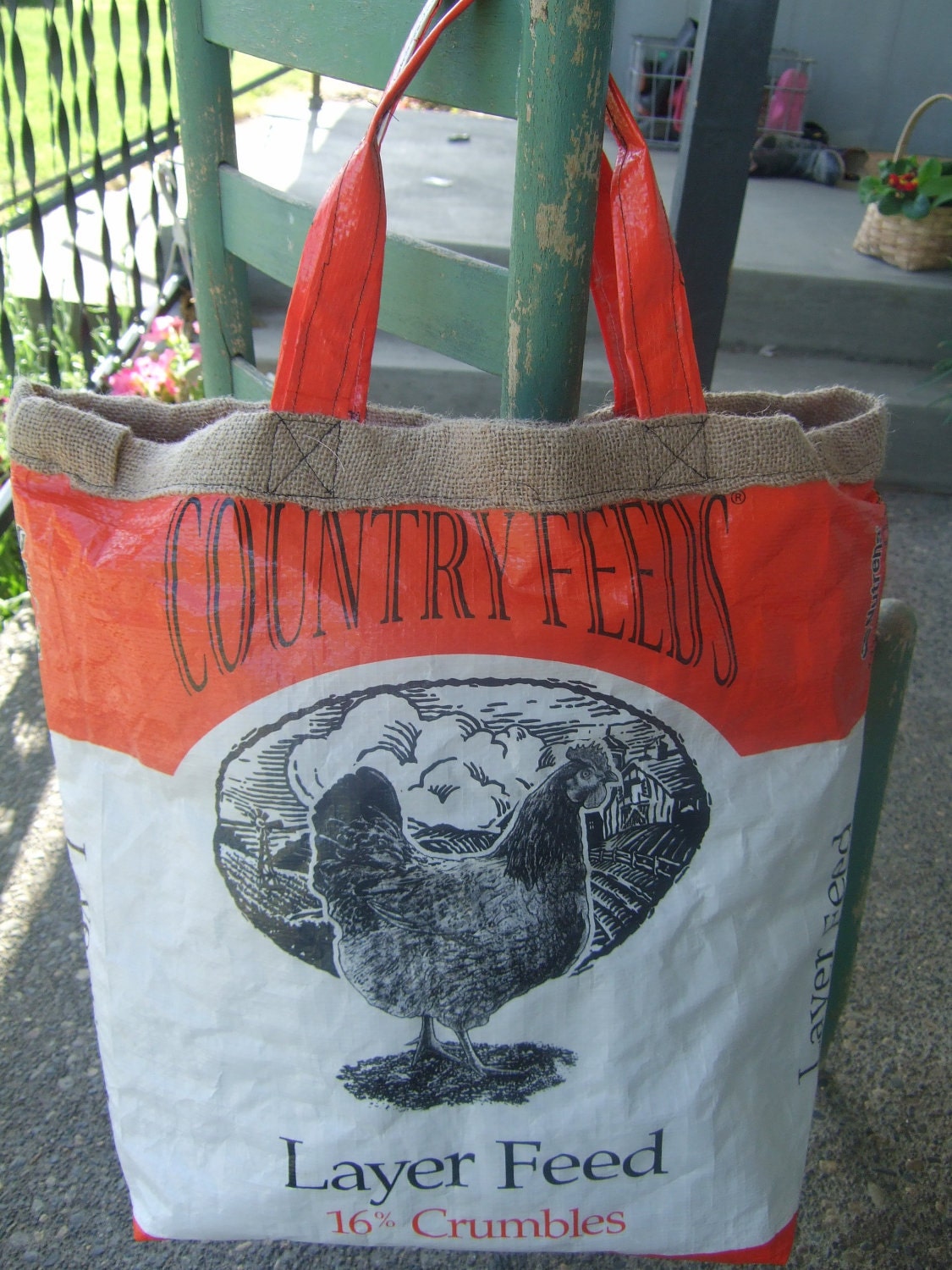 Large Red Burlap-lined Chicken feed Sack Tote