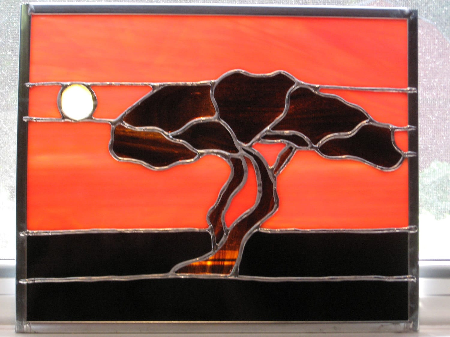 Desert Sunset with Tree Stained Glass Panel by StainedGlassYourWay