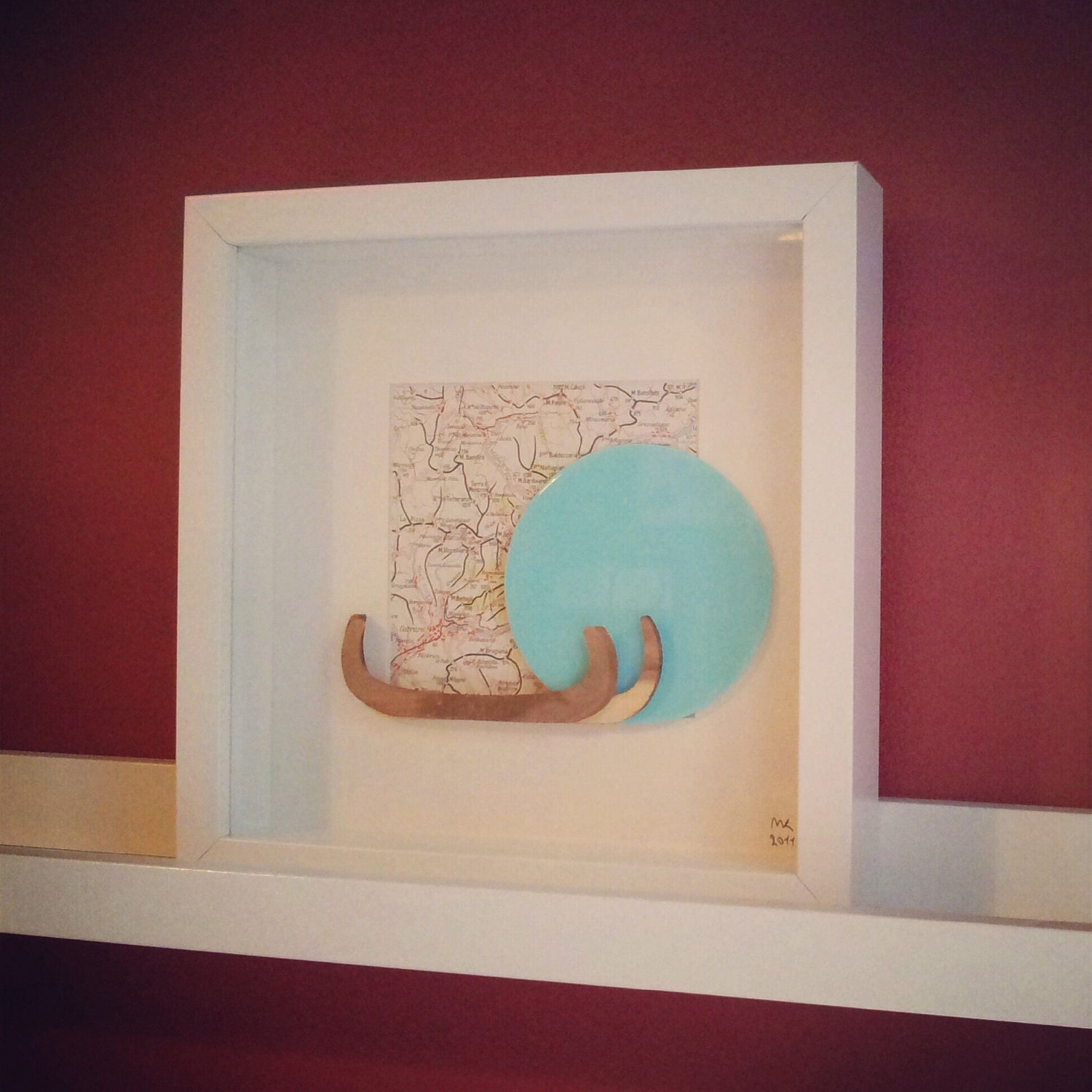 Square white box frame with vintage Italian map hard wood and