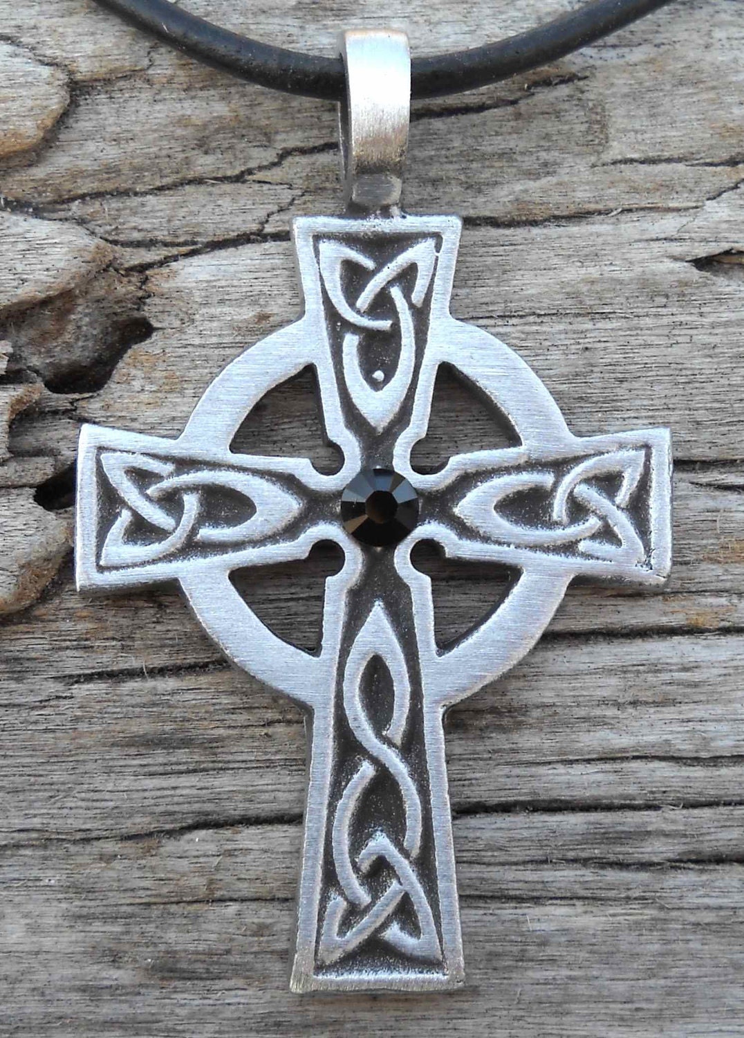 Pewter Celtic Cross Irish Wales Pendant with Swarovski Black