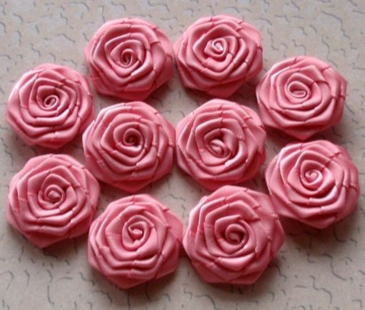 10 Handmade Ribbon Roses 1-1/4 inches In Lt Pink by Mydesign63