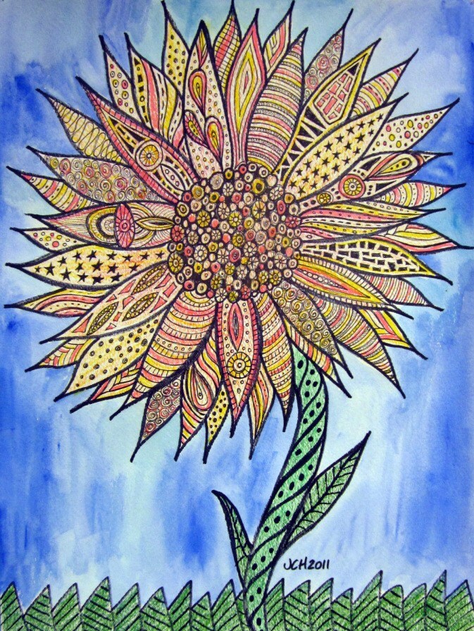 Zentangle Style Sunflower Original Watercolor Painting Ink