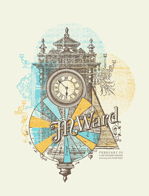 Items similar to M Ward screen printed gig poster. Funky clocks... on Etsy