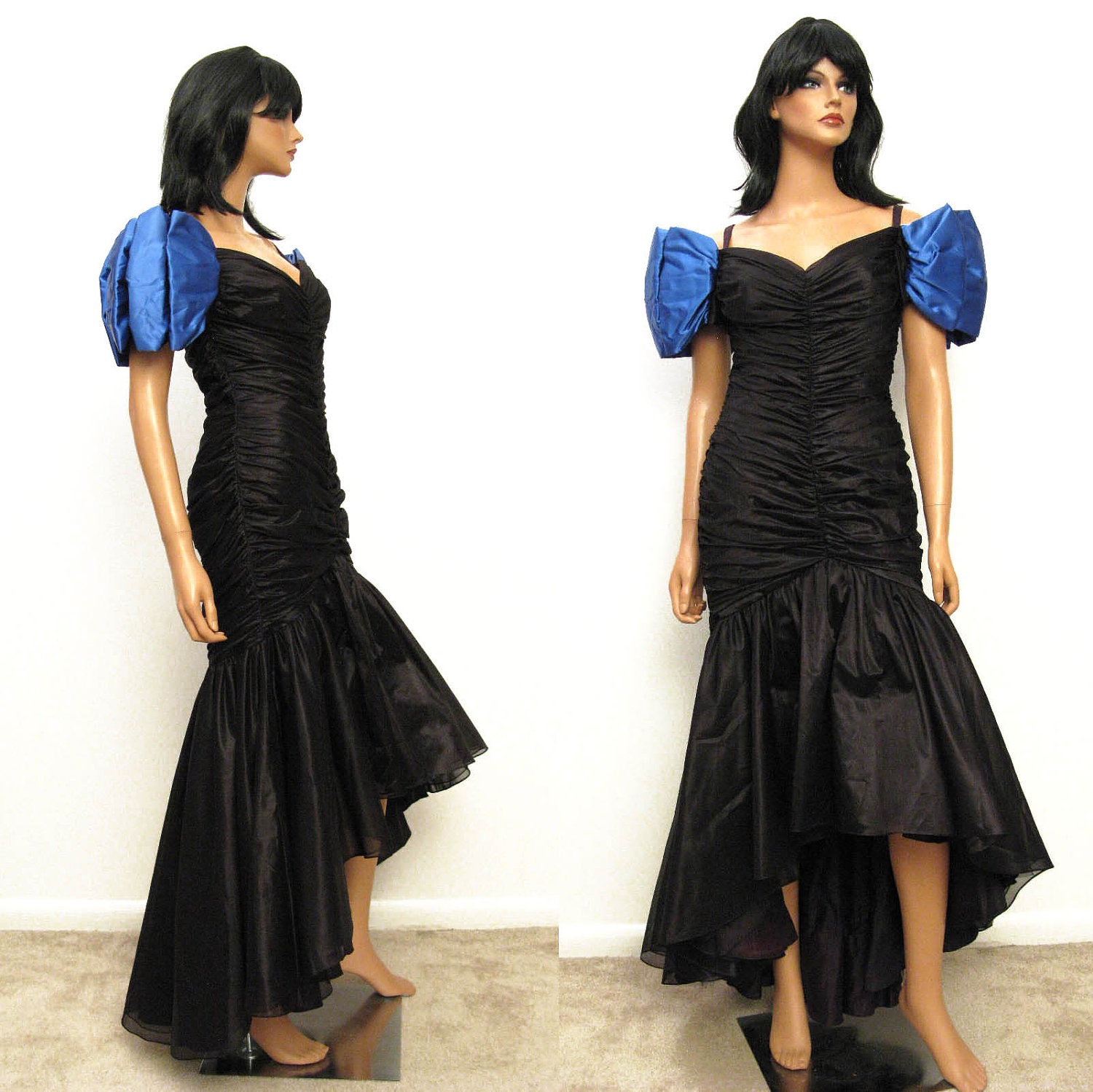 80s Mermaid Prom Dress Vintage 1980s Long Black Chiffon Blue