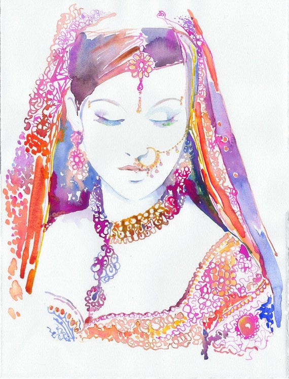 Items similar to Canvas Print of Indian Bride, Watercolour Fashion ...
