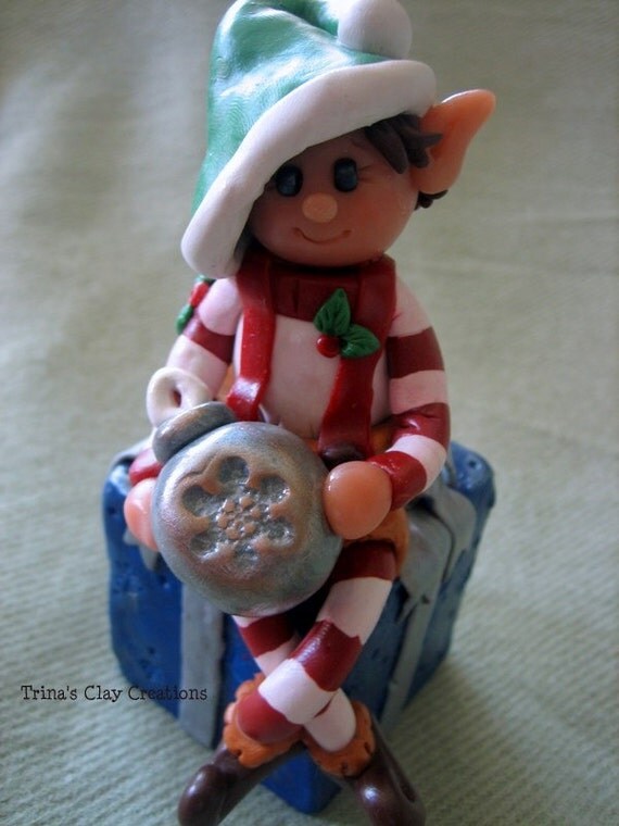Items similar to Christmas Ornament, Polymer Clay, Elf Sitting On A ...