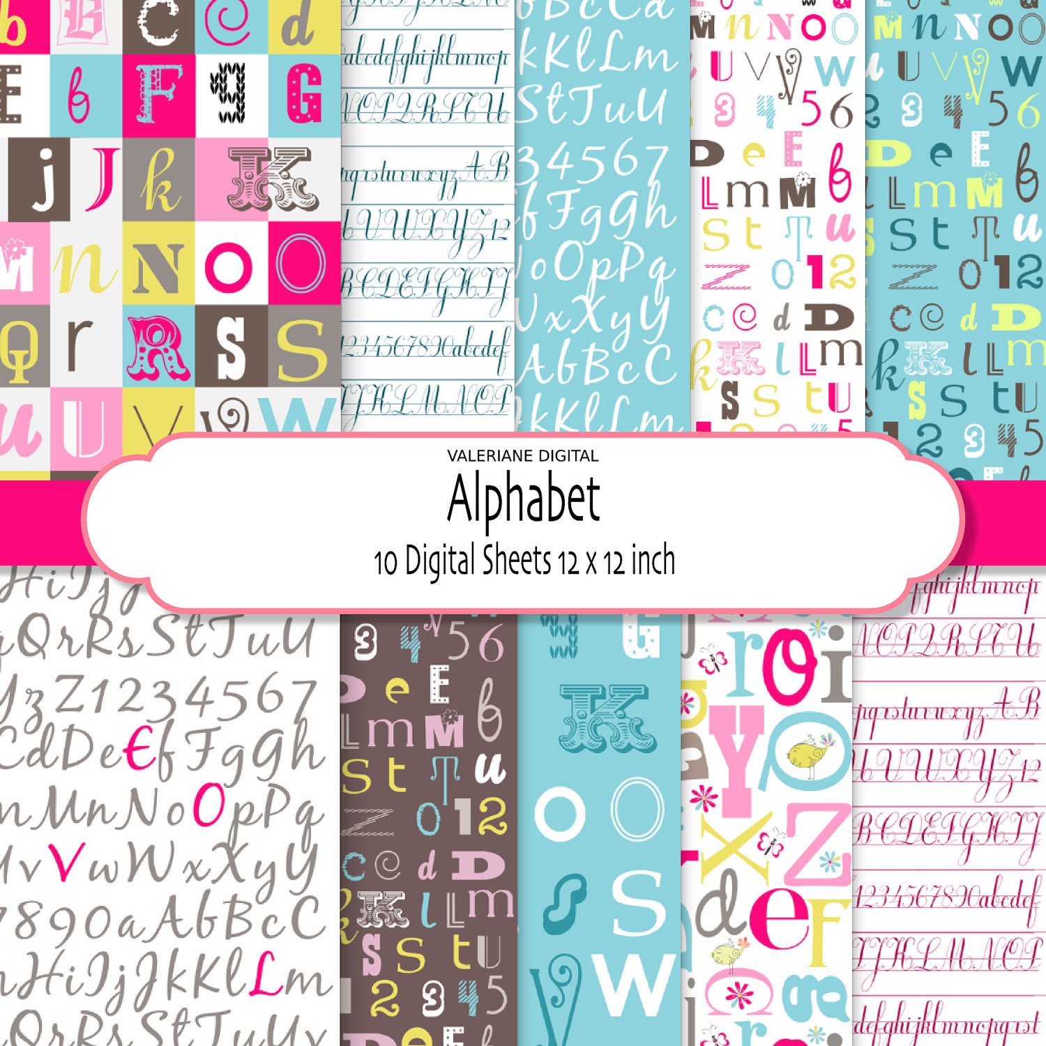 Alphabet Digital Paper Pack in bright colors Digital
