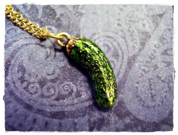 Green Pickle Slice Necklace Green Enameled Antique Gold