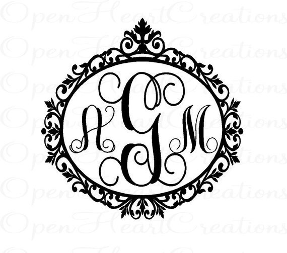 Three Initial Monogram Wall Decal Ornate Oval Frame Border