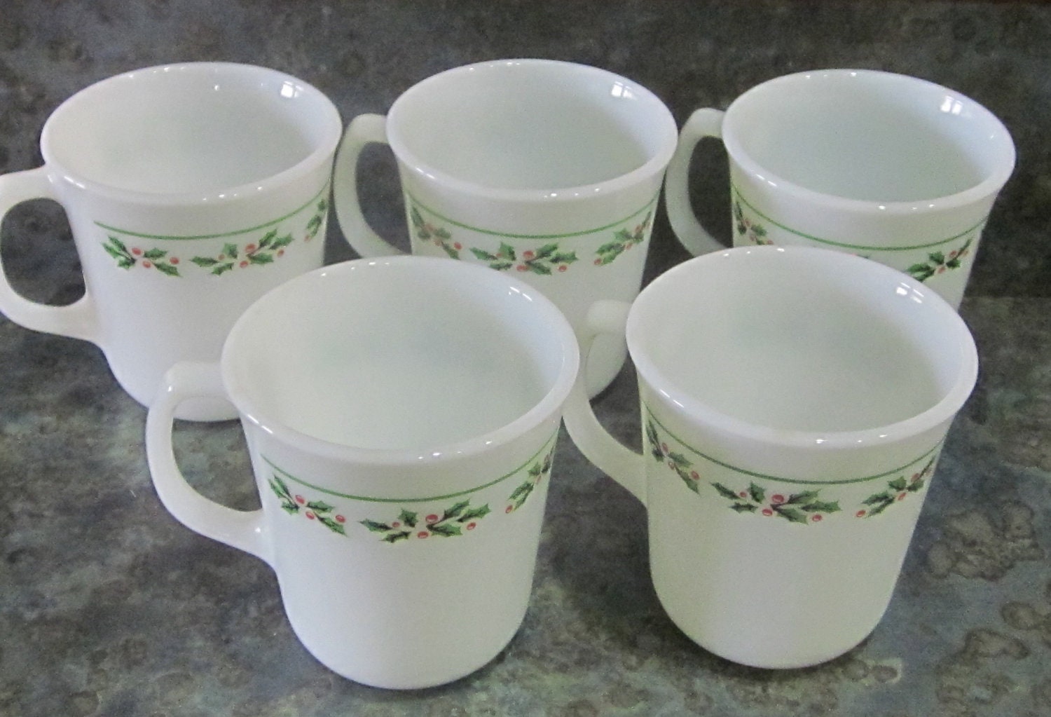 Corning Ware Christmas Holly Mugs 1970 Era Qty of 5