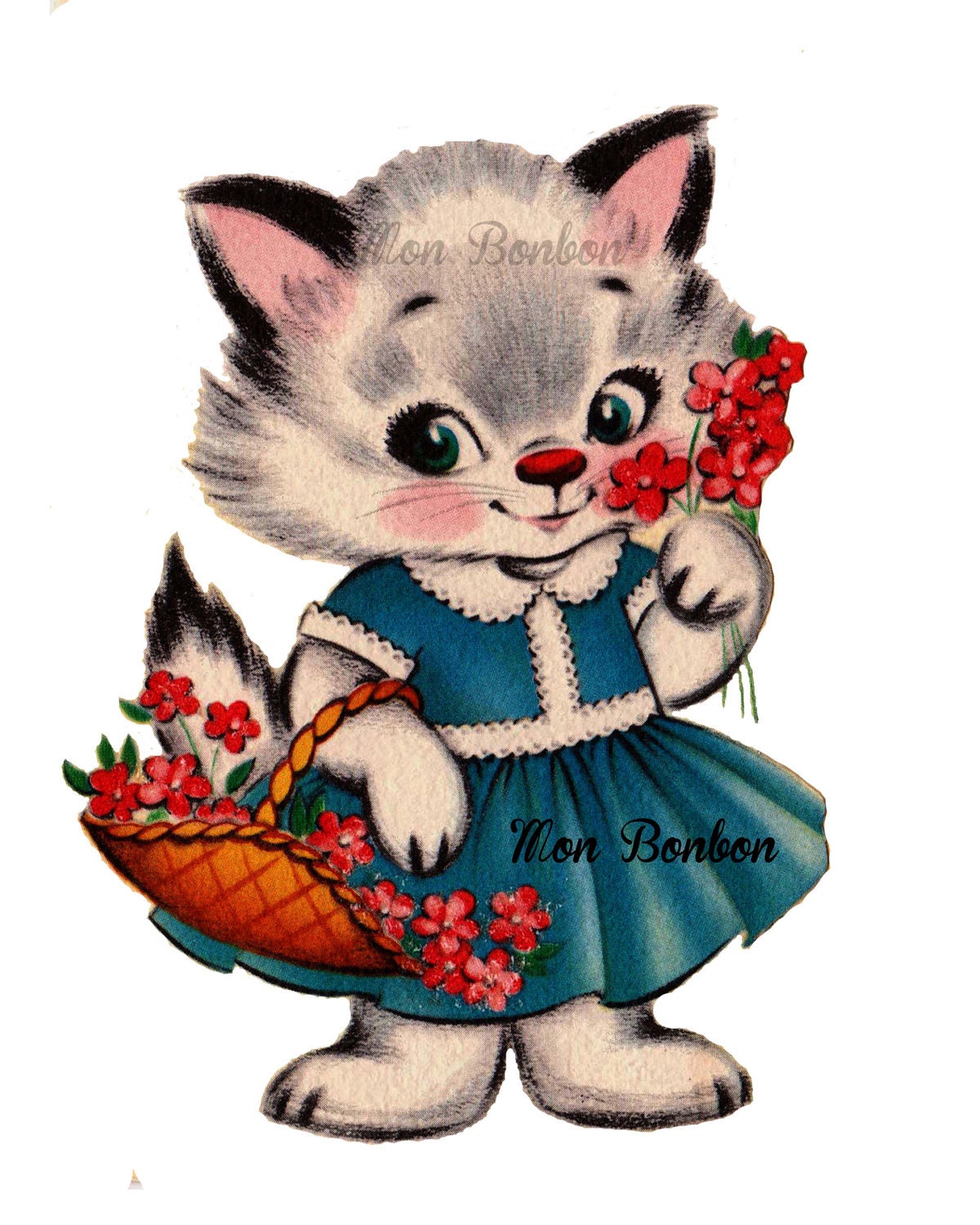 Cute Retro Kitty Illustration .PnG DIY Printable INSTANT