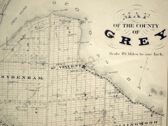 1880 Large Antique Map of the County of Grey by bananastrudel