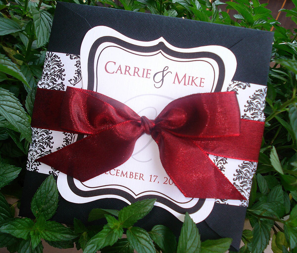 SLIGHTLY SANGRIA Red, Black and White Damask Square Wedding Invitation ...