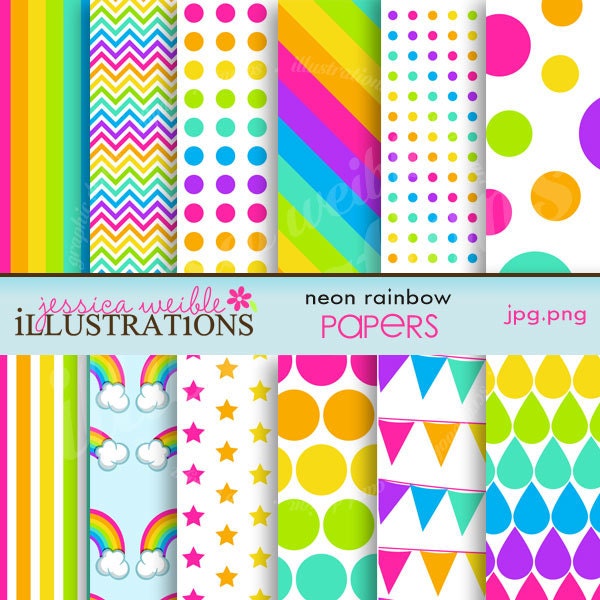 Neon Rainbow Cute Digital Papers Commercial by JWIllustrations