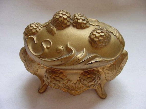 Antique Art Nouveau Footed Cast METAL JEWELRY BOX.. Berry